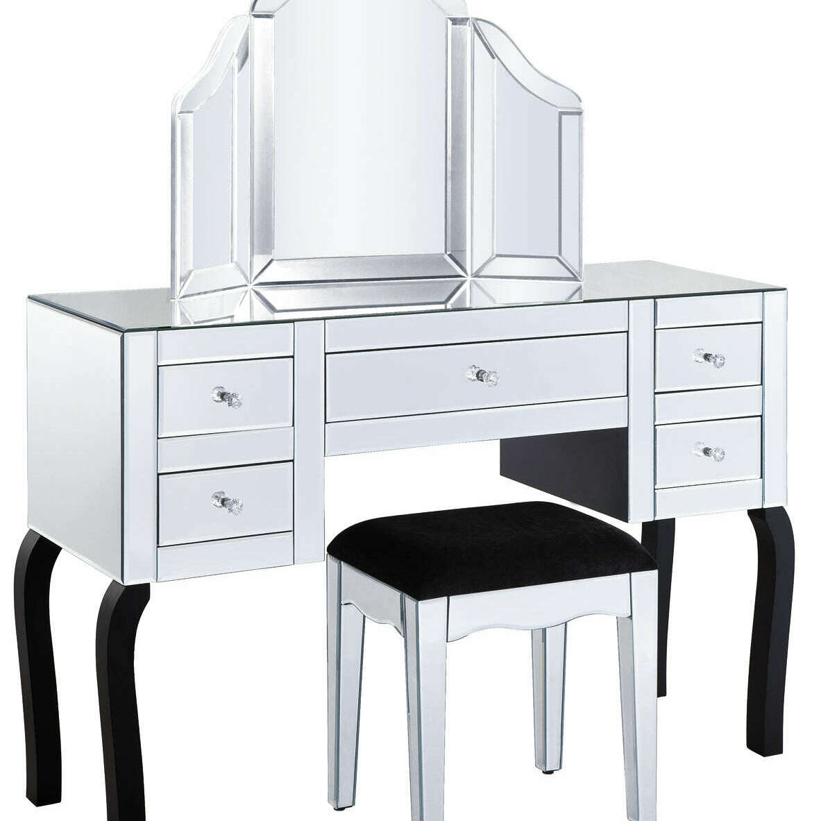Luxury Plain Mirrored 5-Drawer Dressing Table Set with Stool & Mirror ...